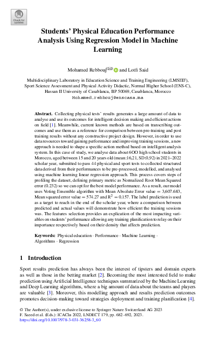 (PDF) Students' Physical Education Performance Analysis Using Regression Model in Machine Learning