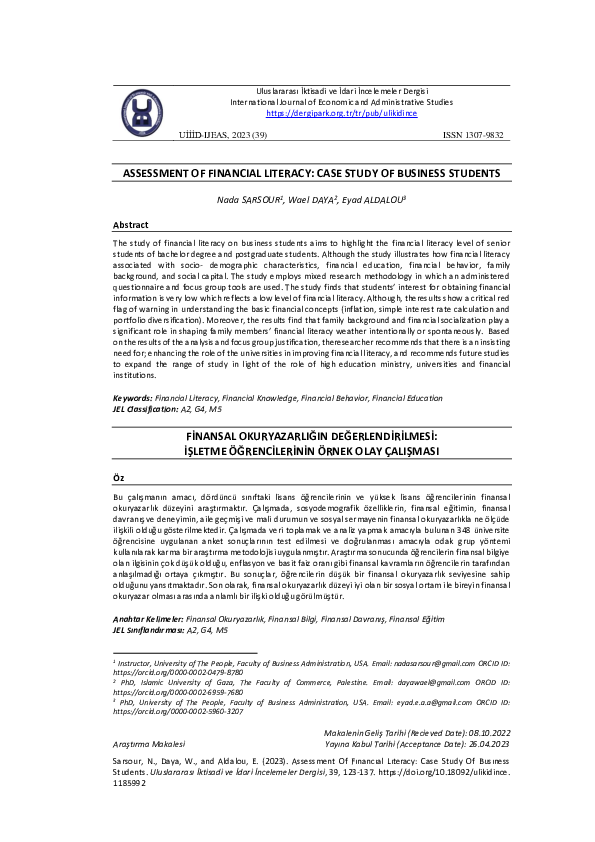 (PDF) Assessment of financial literacy: case study of business students