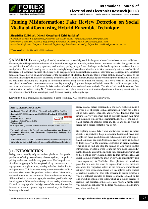 Pdf Taming Misinformation Fake Review Detection On Social Media Platform Using Hybrid