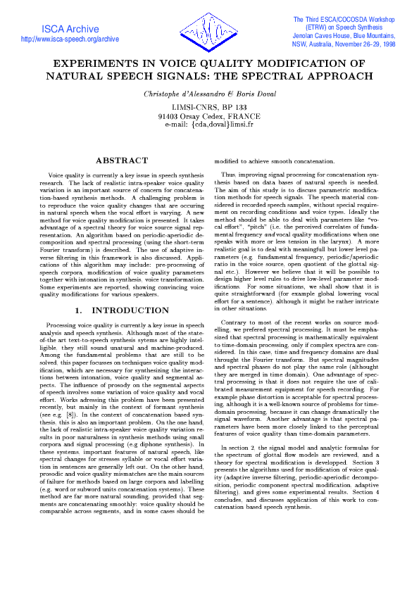 (PDF) Experiments in voice quality modification of natural speech signals: the spectral approach