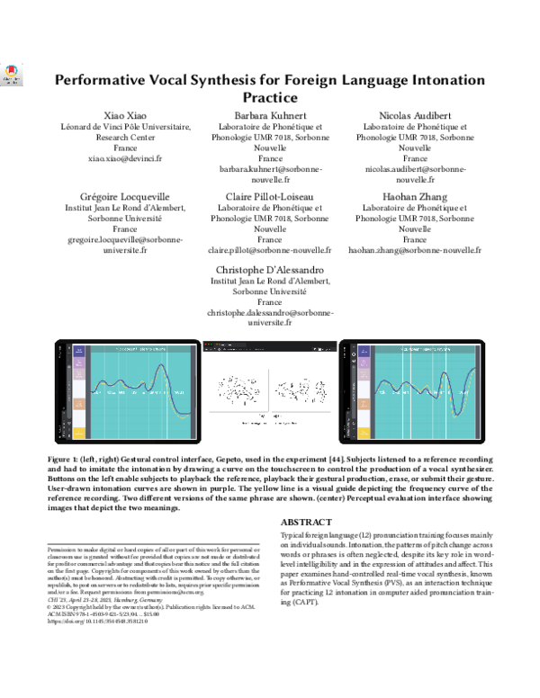 (PDF) Performative Vocal Synthesis for Foreign Language Intonation Practice