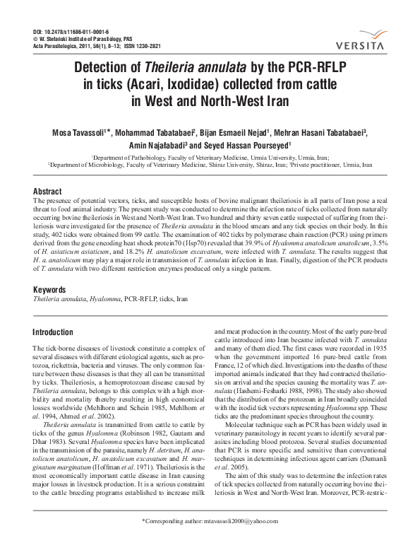 Pdf Detection Of Theileria Annulata By The Pcr Rflp In Ticks Acari