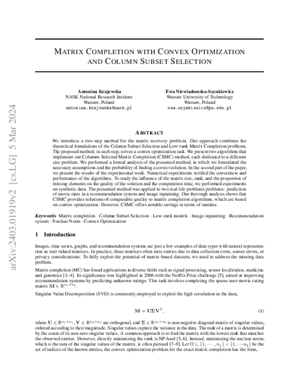 (PDF) Matrix Completion with Convex Optimization and Column Subset ...