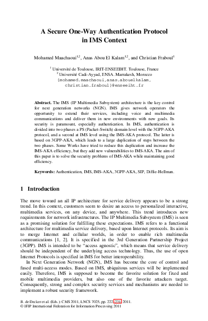 (PDF) A Secure One-Way Authentication Protocol in IMS Context