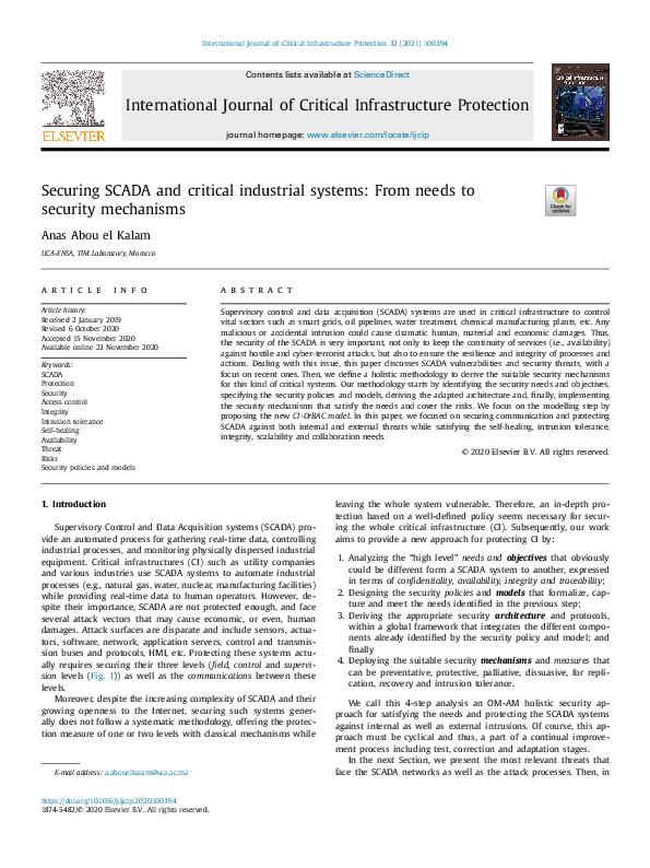 (PDF) Securing SCADA and critical industrial systems: From needs to security mechanisms