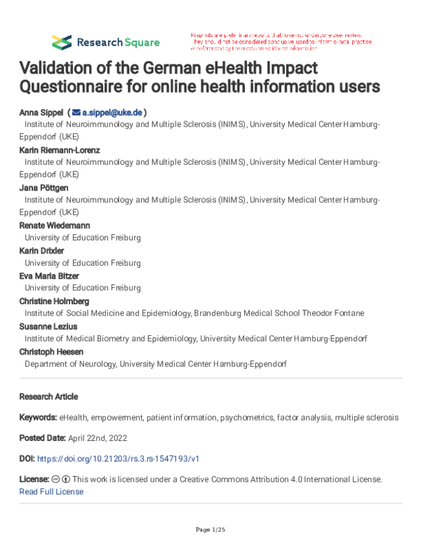 (PDF) Validation of the German eHealth Impact Questionnaire for online ...