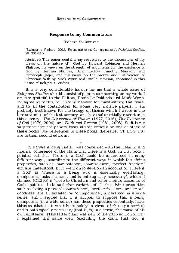 (PDF) Response to my commentators | Richard Swinburne - Academia.edu