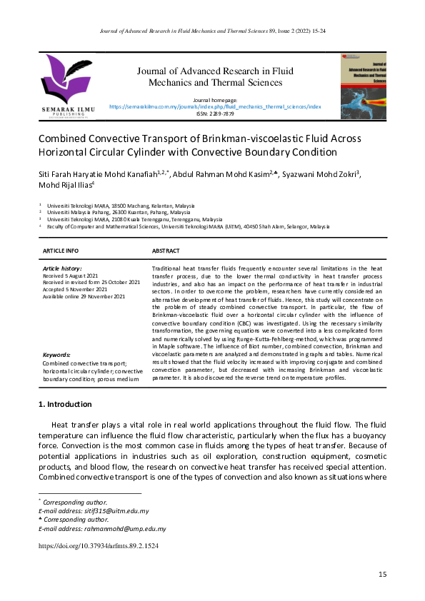 (PDF) Combined Convective Transport of Brinkman-viscoelastic Fluid Across Horizontal Circular ...