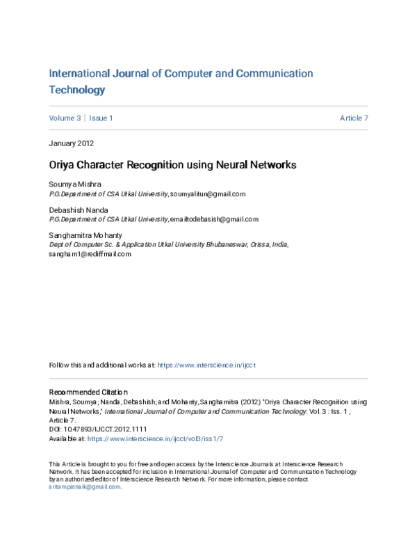 (PDF) Oriya Character Recognition using Neural Networks