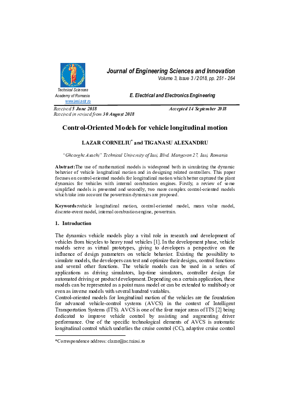 (PDF) Control-Oriented Models for vehicle longitudinal motion