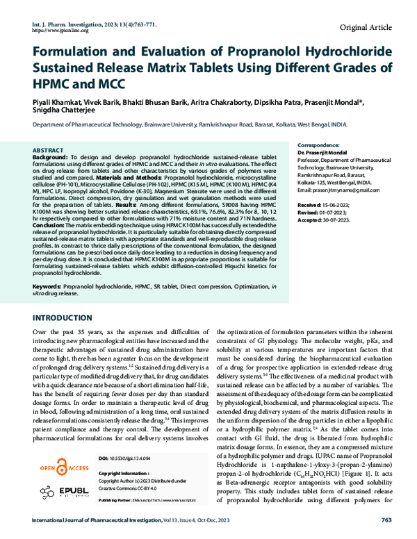 (PDF) Formulation and Evaluation of Propranolol Hydrochloride Sustained ...