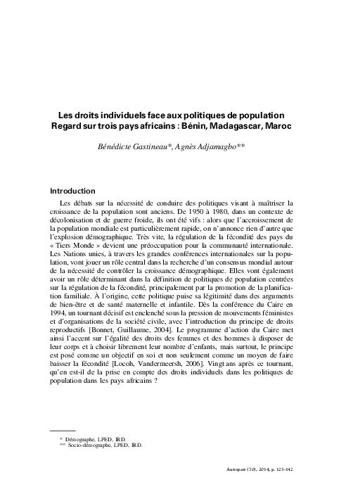 (PDF) Les droits individuels face aux politiques de population. Regard ...
