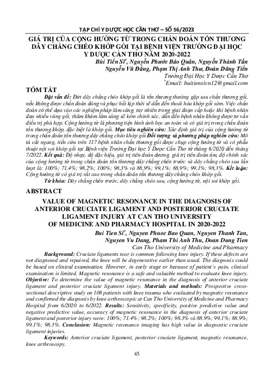 (PDF) Giá Trị Của Cộng Hưởng Từ Trong Chẩn Đoán Tổn Thương Dây Chằng Chéo Khớp Gối Tại Bệnh Viện ...
