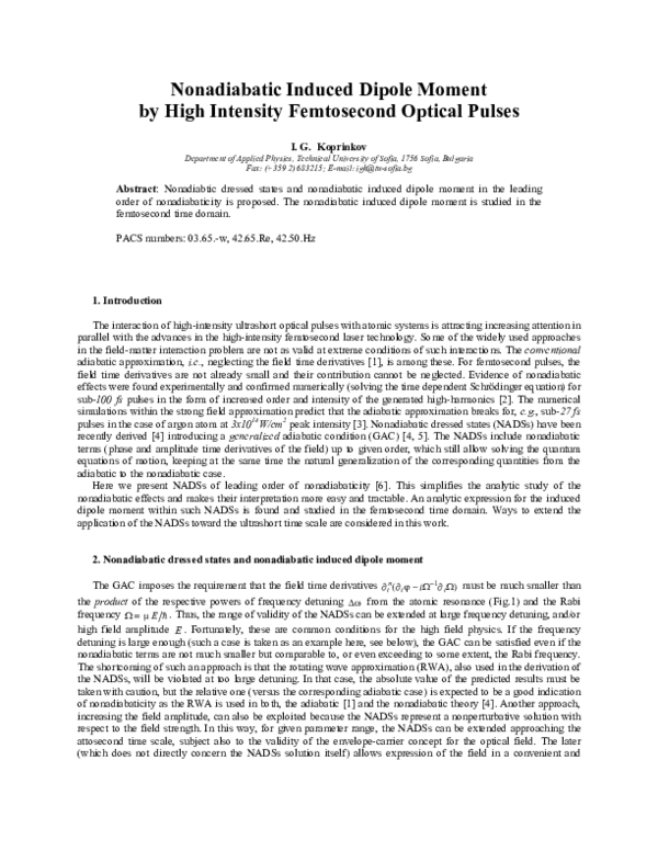 (PDF) Nonadiabatic induced dipole moment by high intensity femtosecond optical pulses