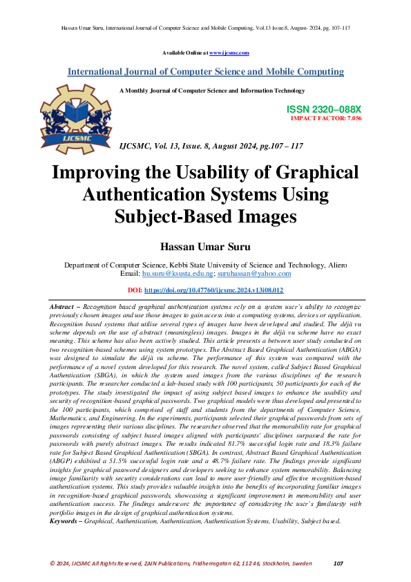 (PDF) Improving the Usability of Graphical Authentication Systems Using Subject-Based Images