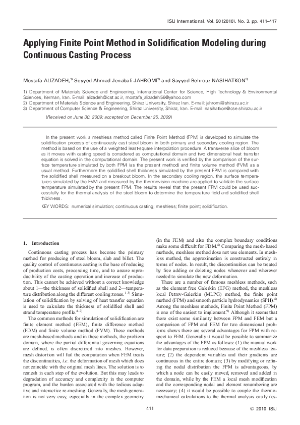 Pdf Applying Finite Point Method In Solidification Modeling During Continuous Casting Process