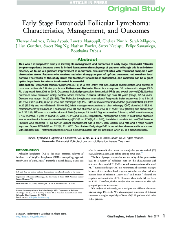 (PDF) Early Stage Extranodal Follicular Lymphoma: Characteristics ...
