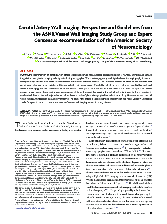 (PDF) Carotid Artery Wall Imaging: Perspective and Guidelines from the ...