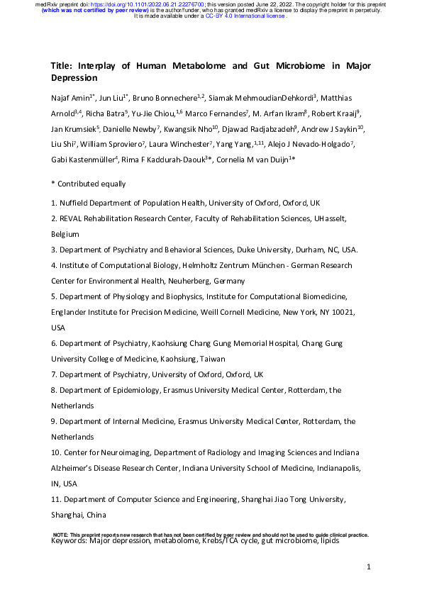 (PDF) Interplay of Human Metabolome and Gut Microbiome in Major Depression