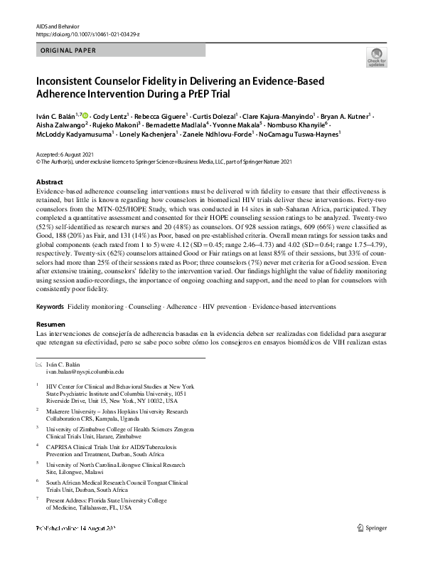 (PDF) Inconsistent Counselor Fidelity in Delivering an Evidence-Based Adherence Intervention ...