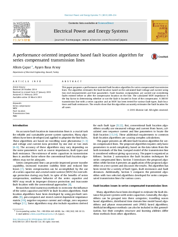 (PDF) A performance oriented impedance based fault location algorithm for series compensated ...
