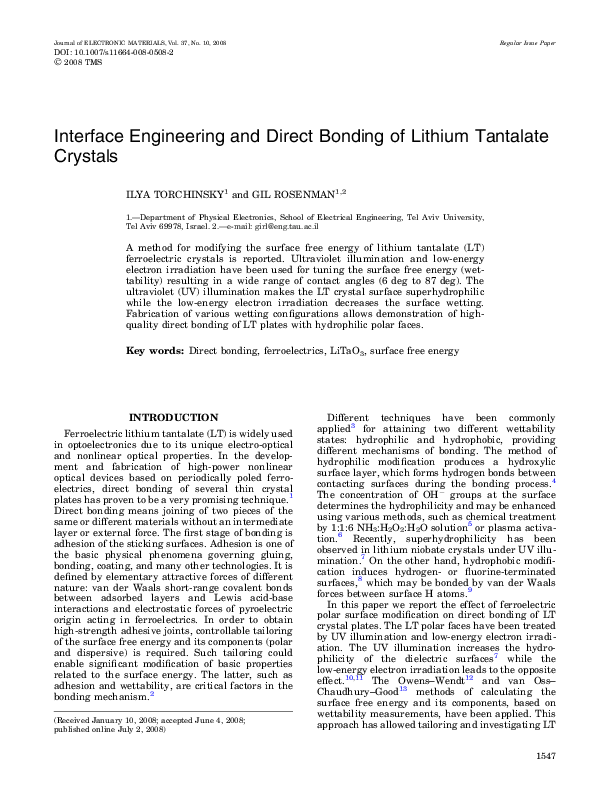 (PDF) Interface Engineering and Direct Bonding of Lithium Tantalate Crystals
