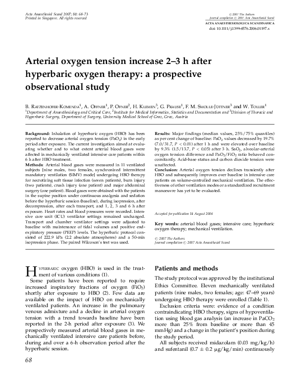 (PDF) Arterial oxygen tension increase 2–3 h after hyperbaric oxygen ...