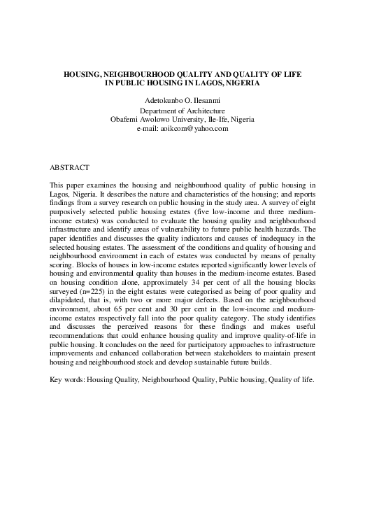 (PDF) Housing, neighbourhood quality and quality of life in public ...