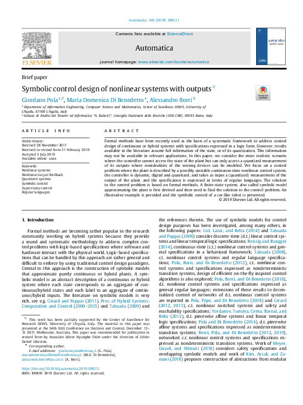 (PDF) Symbolic control design of nonlinear systems with outputs