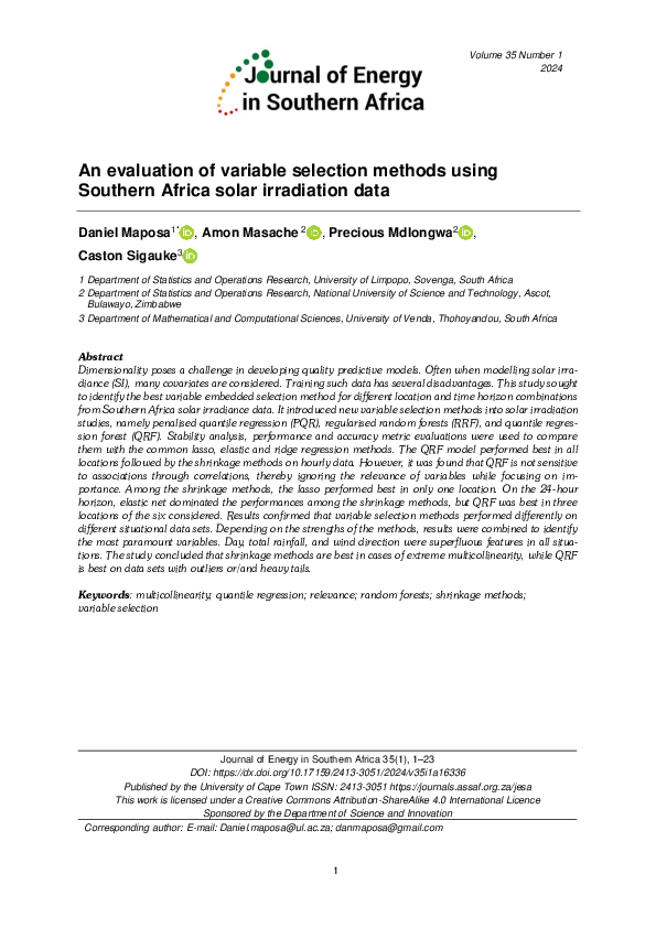 (PDF) An evaluation of variable selection methods using Southern Africa solar irradiation data