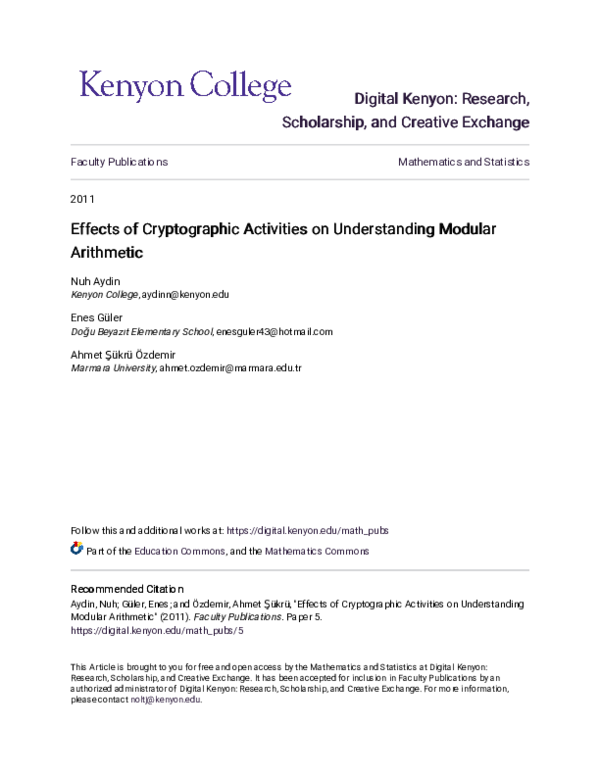 (PDF) Effects of Cryptographic Activities on Understanding Modular Arithmetic | Enes Güler ...