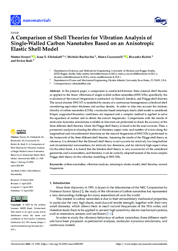 Pdf A Comparison Of Shell Theories For Vibration Analysis Of Single Walled Carbon Nanotubes