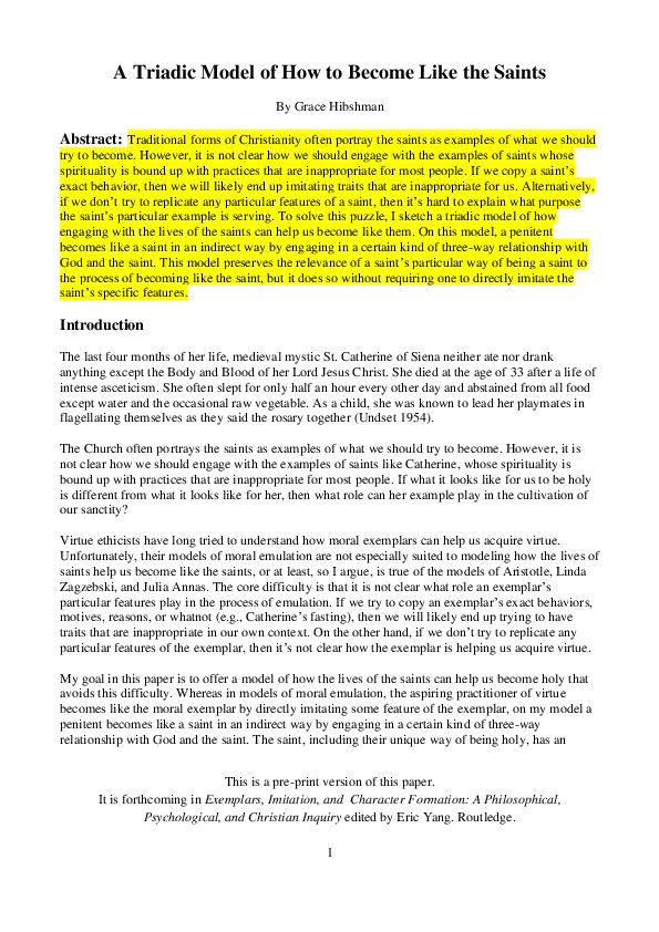 (PDF) Becoming Saints: A Triadic Model