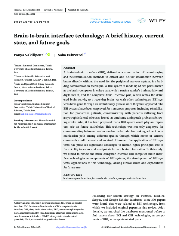 (PDF) Brain‐to‐brain interface technology: A brief history, current state, and future goals