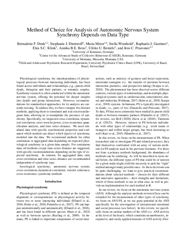 (PDF) Physiological synchrony of the autonomic nervous system - an ...