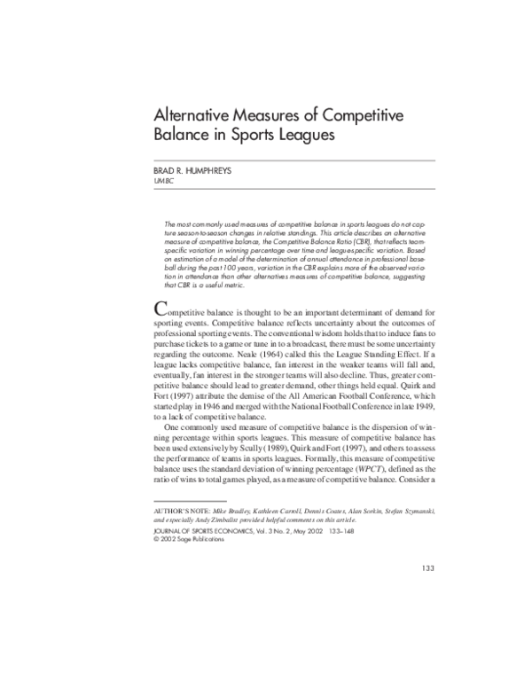 (PDF) Alternative Measures of Competitive Balance in Sports Leagues