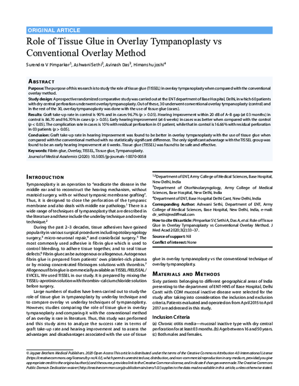 (PDF) Role of Tissue Glue in Overlay Tympanoplasty vs Conventional ...