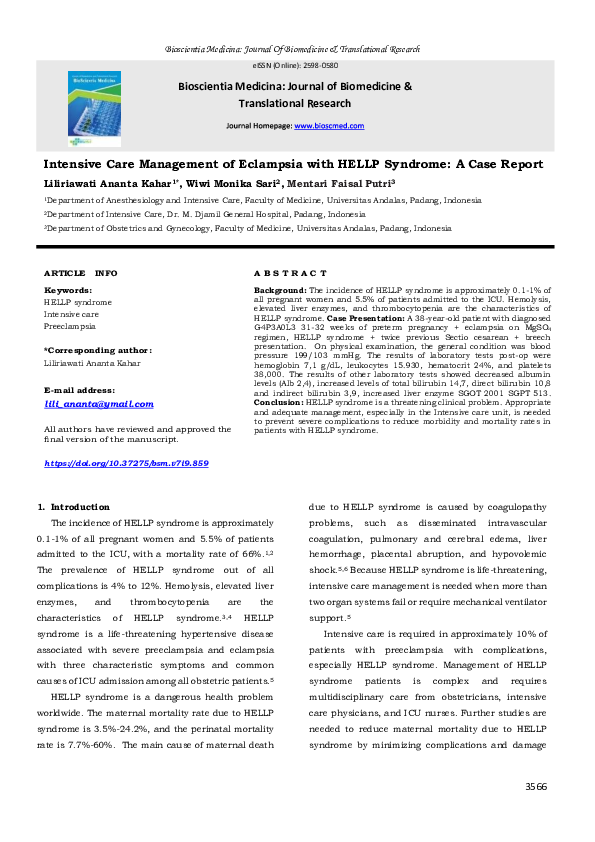 (PDF) Intensive Care Management of Eclampsia with HELLP Syndrome: A ...