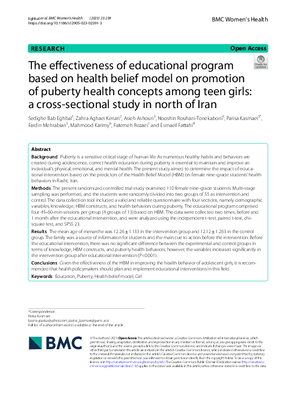 (PDF) The effectiveness of educational program based on health belief model on promotion of ...