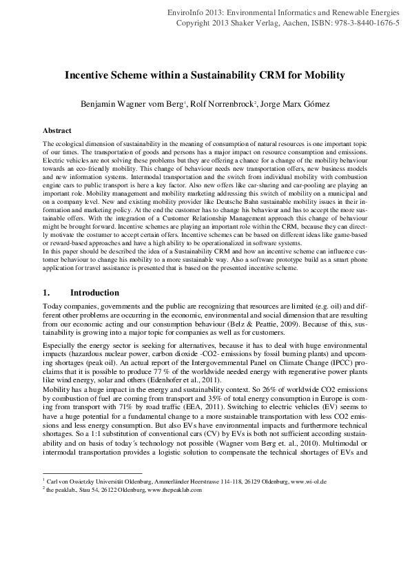 (PDF) Incentive Scheme within a Sustainability CRM for Mobility