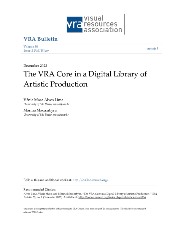 (PDF) The VRA Core in a Digital Library of Artistic Production