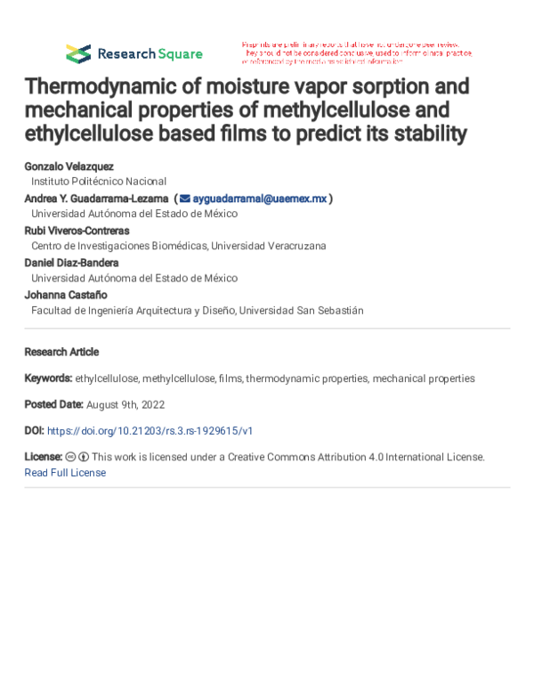 (PDF) Thermodynamic of moisture vapor sorption and mechanical properties of methylcellulose and ...