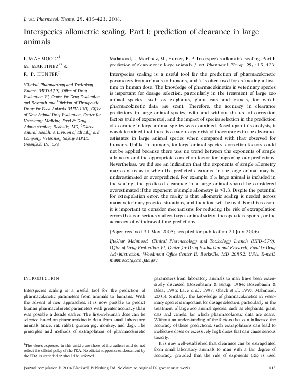 (PDF) Interspecies allometric scaling. Part I: prediction of clearance ...