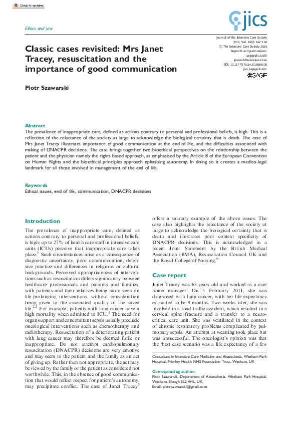 (PDF) Classic cases revisited: Mrs Janet Tracey, resuscitation and the importance of good ...
