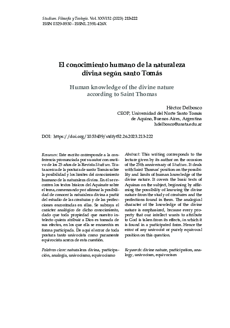 (PDF) El conocimiento humano de la naturaleza divina según santo Tomás