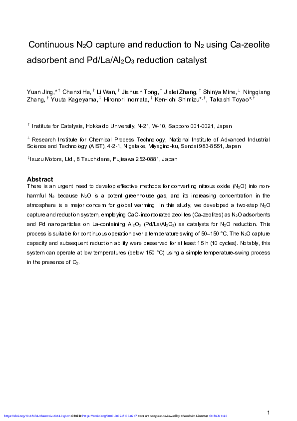 (PDF) Continuous N2O capture and reduction to N2 using Ca-zeolite ...