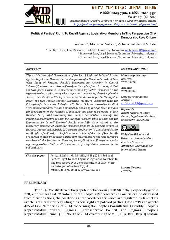 (PDF) Political Parties' Right To Recall Against Legislative Members In ...