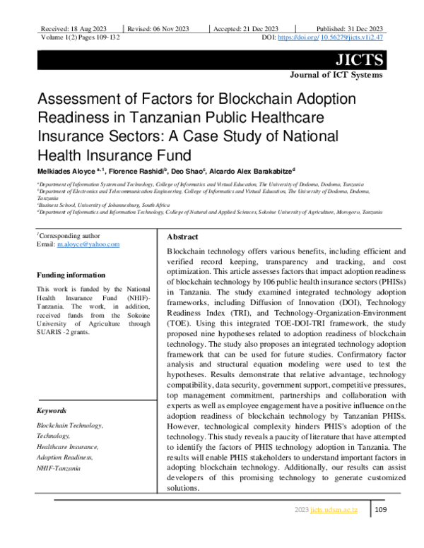 (PDF) Assessment of Factors for Blockchain Adoption Readiness in Tanzanian Public Healthcare ...