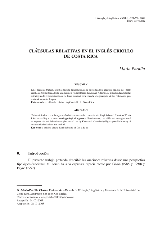 (PDF) Cláusulas relativas en el inglés criollo de Costa Rica
