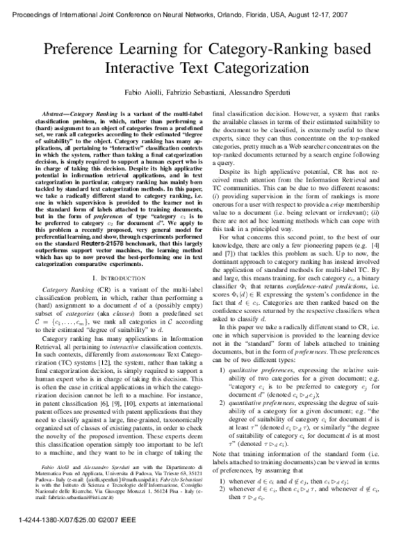 (PDF) Preference Learning for Category-Ranking based Interactive Text ...